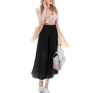 chouyatou Women's Elastic Waist A-Line Pleated Chiffon Cropped Wide Leg Pants Culottes (Large, Black)