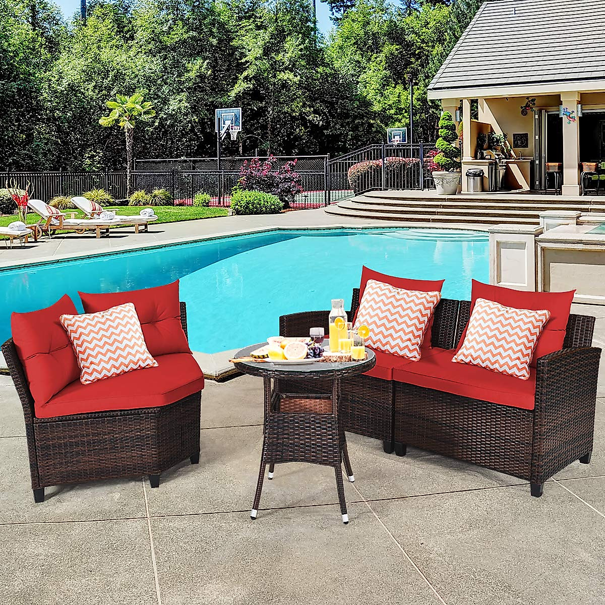 Tangkula 4-Piece Patio Furniture Set, C-Shape Outdoor Wicker Sectional Sofa Set, w/Cushions & Glass Coffee Table, Modern Deck Rattan Furniture for Garden Poolside Balcony (Red)