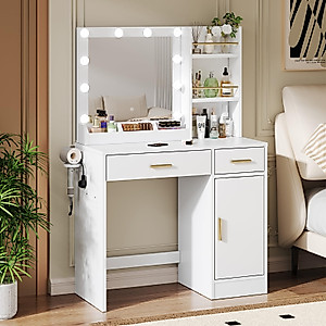 AMERLIFE 35.5" Make up Vanity Desk with Mirror and Lights, Vanity with Lights 3 Models Settings & Power Outlet, Vanity Desk with 2 Drawers, 1 Cabinets, Shelves, Makeup Vanity for Bedroom, White