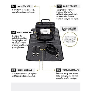 Small Crossbody Diaper Changing Bag with Portable Baby Changing Pad, Front Wipes Pocket Opening, Shoulder & Stroller Straps Included (Black Nylon)