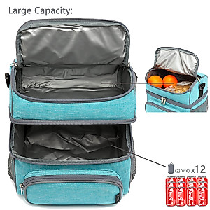 FlowFly Double Layer Cooler Insulated Lunch Bag Adult Lunch Box Large Tote Bag for Men, Women, With Adjustable Strap,Front Pocket and Dual Large Mesh Side Pockets,Sea Blue