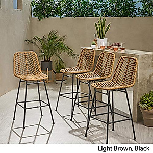 Great Deal Furniture Angela Outdoor Wicker Barstools (Set of 4), Light Brown and Black