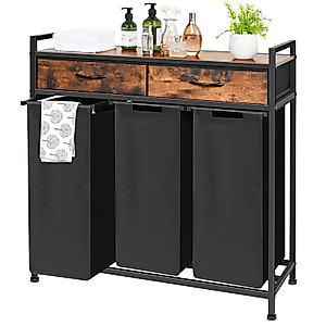 Laundry Sorter 3 Section, Laundry Hamper with Shelf and 2 Drawers, 180L Laundry Basket, laundry Organizer Cart, Pull-Out and Removable Oxford Fabric Laundry Bags,Rustic Brown and Black