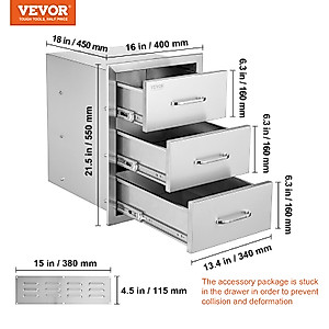VEVOR Outdoor Kitchen Drawers 16" W x 21.5" H x 18" D, Flush Mount Triple Access BBQ Drawers with Stainless Steel Handle, BBQ Island for Outdoor Kitchens or BBQ Island Patio Grill Station