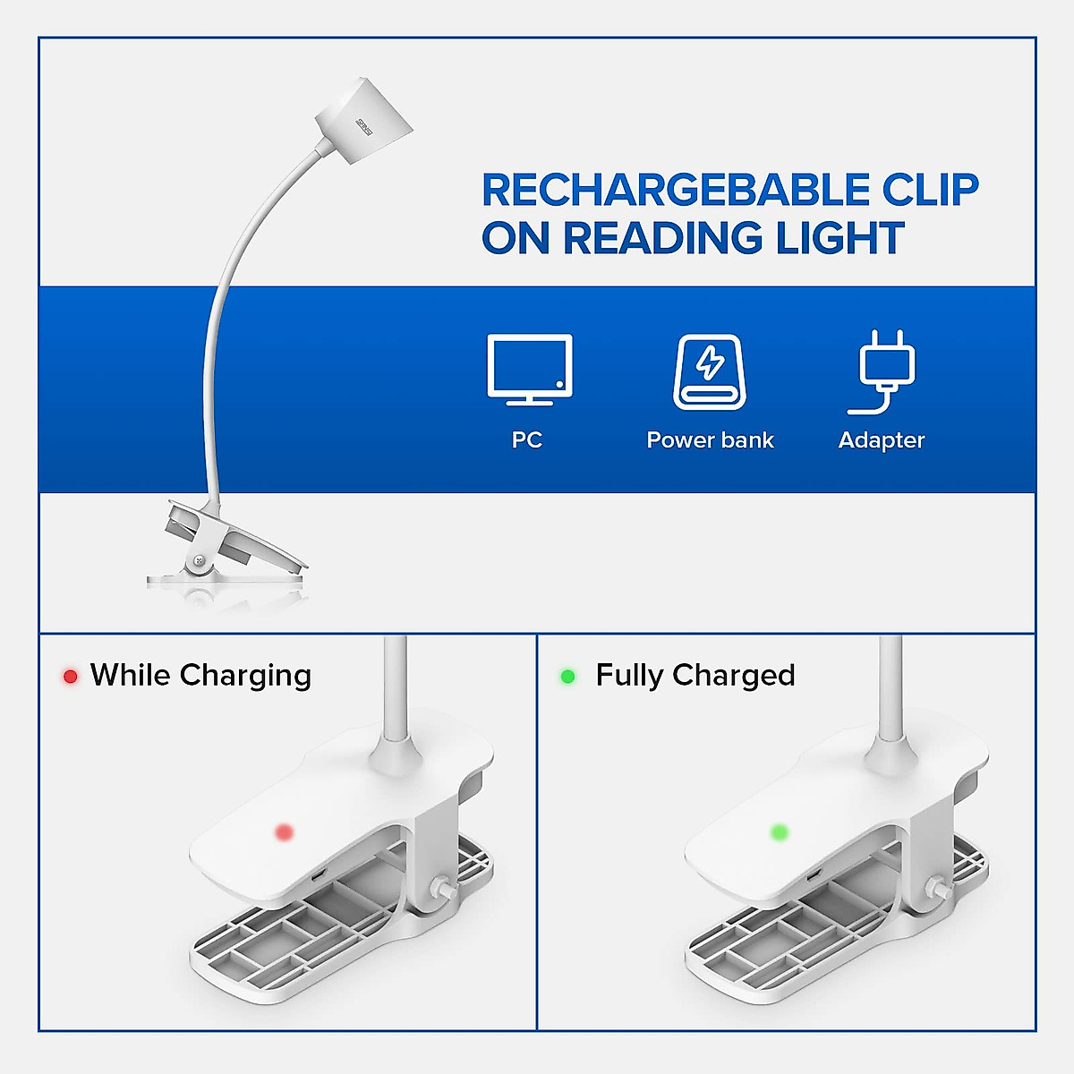 SANSI Clip on Reading Lights, LED Desk Lamp with Flexible Gooseneck, 3 Brightness Level, Clamp Light with Touch Control for Dorm Study Office Bedroom, USB Rechargeable, Eye-Caring, and Energy Saving