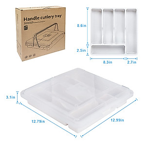 YICOCHI Portable Utensil Holder for Countertop with Lid & Handle, Plastic Silverware Tray for Drawer Flatware Organizer, White