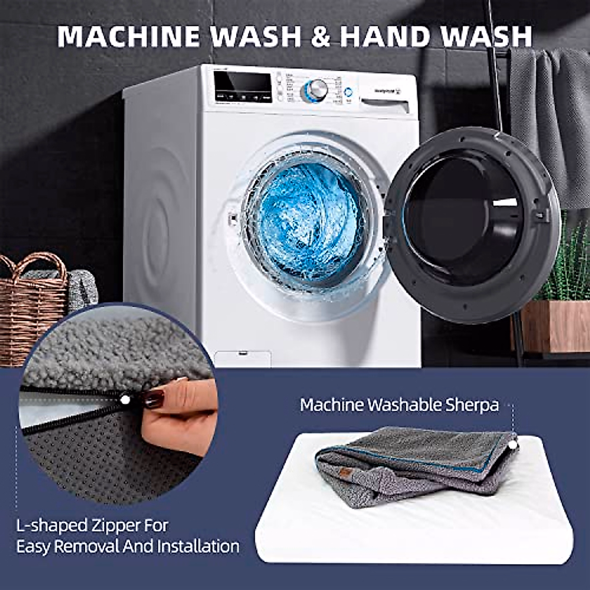 pettycare Washable Beds for Medium and Large Dogs with Waterproof Liner, Shredded Memory Foam Dog Crate Bed with Removable Cover, Fit Up to 65 LBs Orthopedic Pet Mat Pillow, Grey