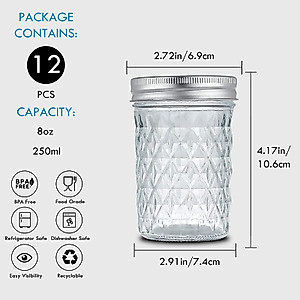 YEBODA 12 Pack 8 oz Mason Jars with Airtight Lids and Bands Glass Canning Jars Ideal for Preserving, Jam, Honey, Jelly, Wedding Favors, Shower Favors, Sauces, DIY Spice Jars, Salad