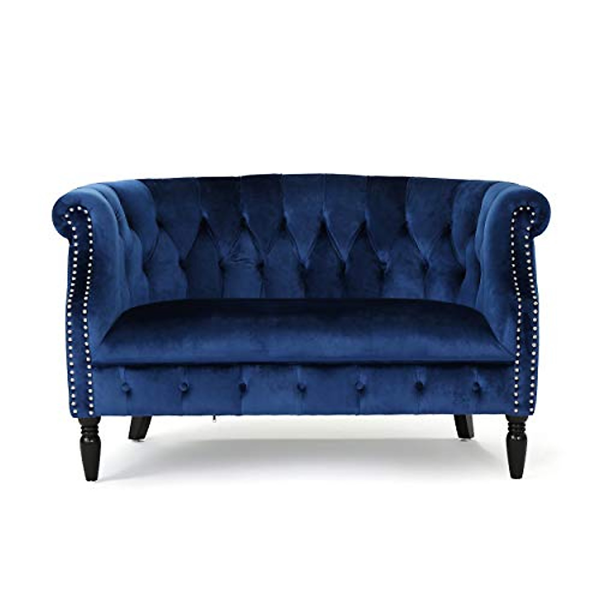 Christopher Knight Home Milani Tufted Scroll Arm Velvet Loveseat, Navy Blue / Dark Brown