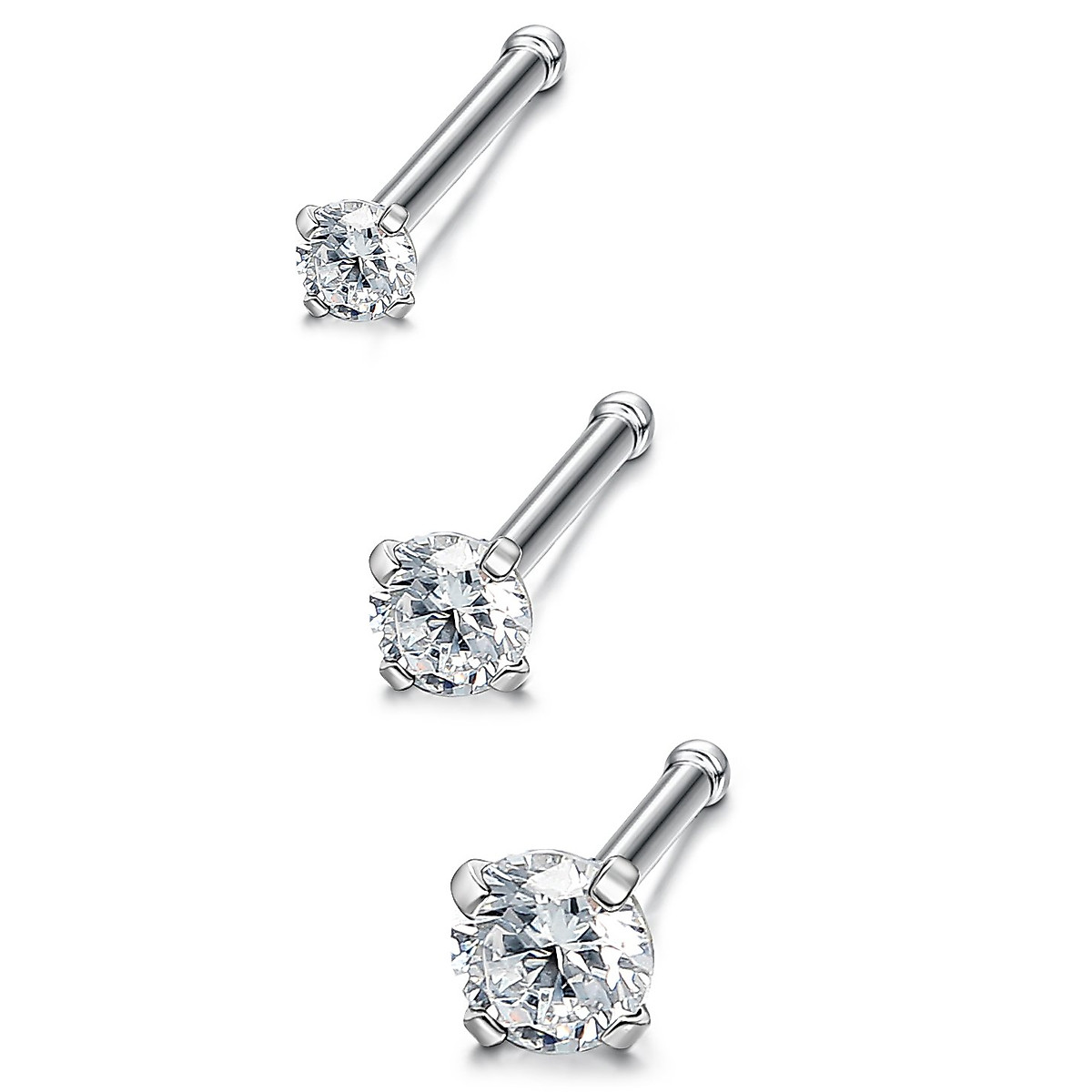 Jstyle 20G 3 Pcs a Set Stainless Steel Nose Rings Studs Piercing Body Jewelry 1.5mm 2mm 3mm