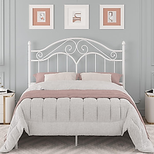 Elephance Queen Size Metal Bed Frame with Vintage Headboard,11 Inches Storage Space Platform Bed No Box Spring Needed Easy Assembly,White