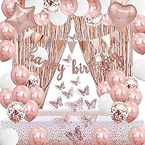 Rose Gold Birthday Decorations, Happy Birthday Banner Rose Gold, Rose Gold Balloons, Rose Gold Tablecloth Fringe Curtains, Pennant Banner and 3D Butterfly Stickers for Women Girls Birthday Party Supplies