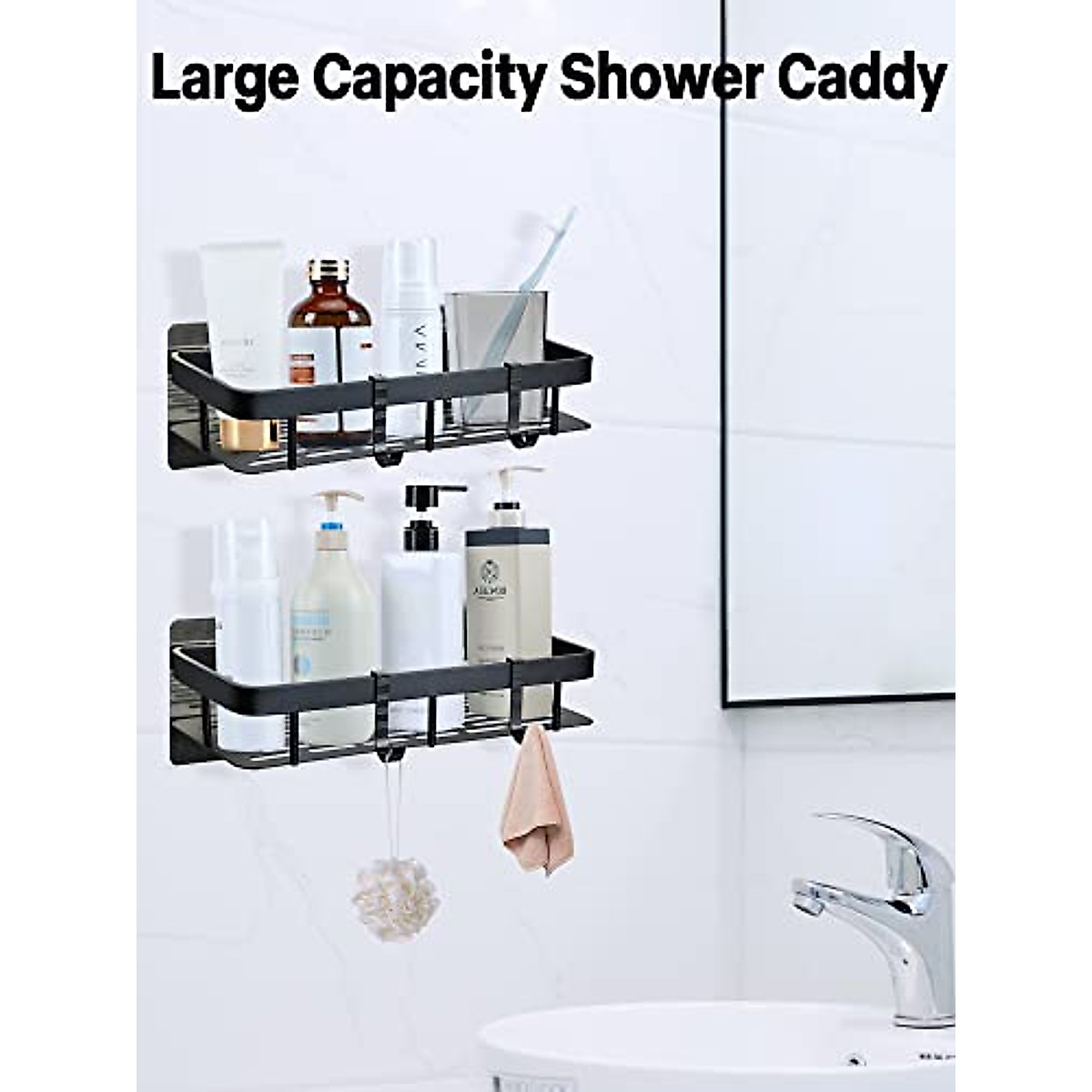 Shower Caddy Shelf Basket with 4 Hooks,Adhesive Shower Shelf for Inside Shower,2 Pack Bathroom Shower Organizer for Tile Walls,No Drilling Rustproof Shower Rack for Bathroom Toilet Kitchen