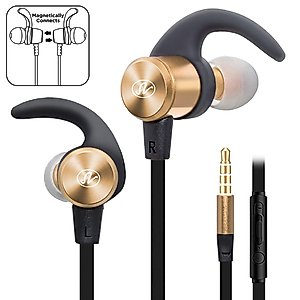 NEM Headphones in Ear Earbuds Magnetic Sweat Proof Sports Wired Earphones Stereo Bass Noise Cancelling Headsets with Microphone and Volume Control for All 3.5mm Jack Phones (Gold)