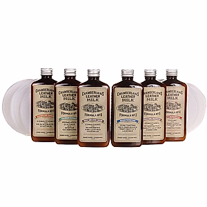 Leather Milk Complete Leather Care Kit. Leather Conditioner, Cleaner and Protector Set. No. 1-6 Full Set (6 Bottles!) - All Natural, Non-Toxic. Made in The USA. 2 Sizes. Includes 6 Applicator Pads!