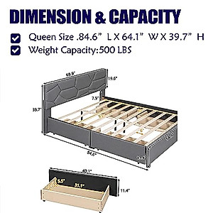 Queen Size Upholstered Platform Bed Frame with 4 Drawers and Brick Pattern Headboard, Modern Elegant Platform Bed With Wood Slats Base & Strong Frame for Bedroom Girls Teens Boys (Queen, Gray)