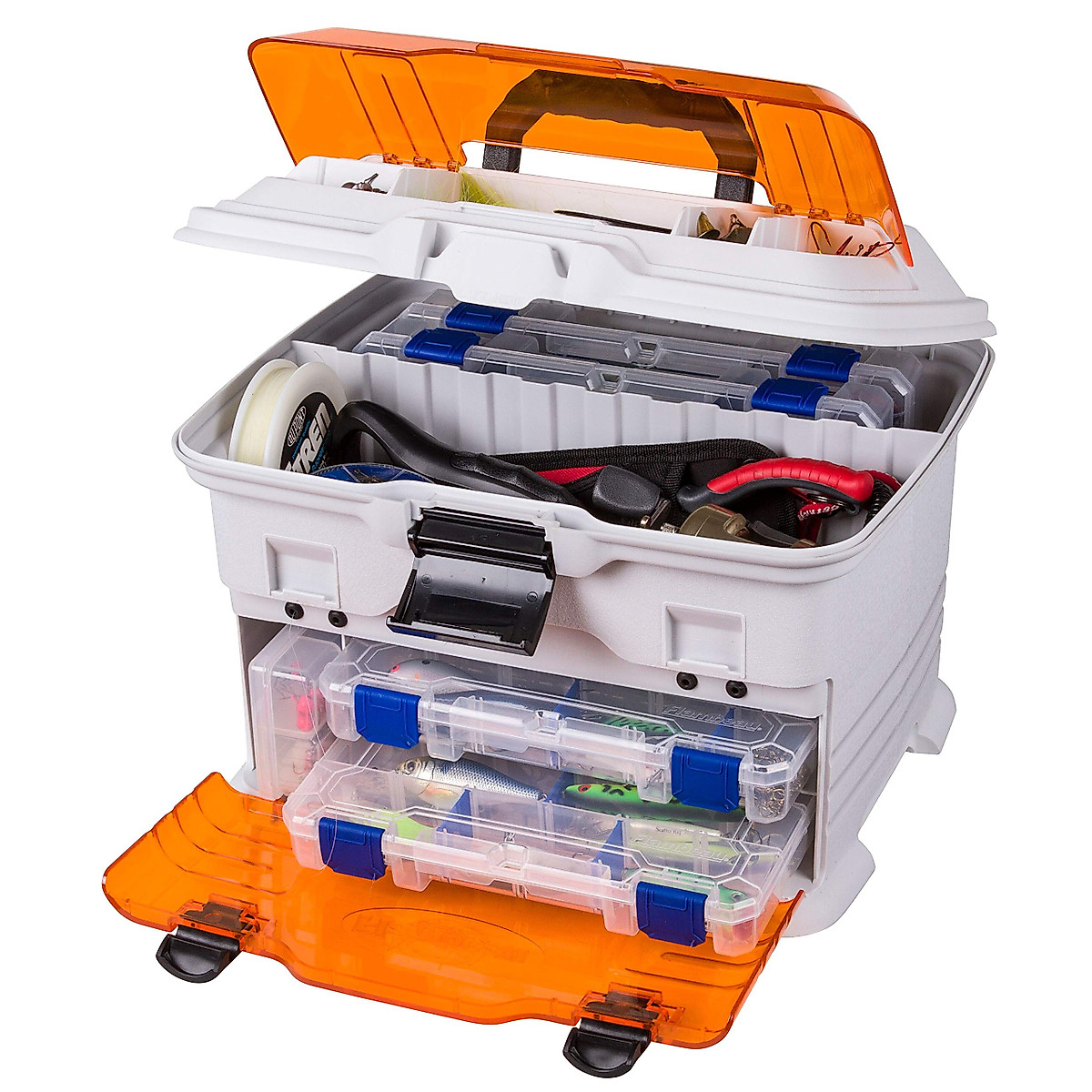 Flambeau Outdoors T4P Pro Multiloader Tackle Box - Portable Fishing Lure Organizer Station With Zerust Anti-RustTechnology, Includes 5 Removable Tuff Tainer Tackle Boxes, White/Orange