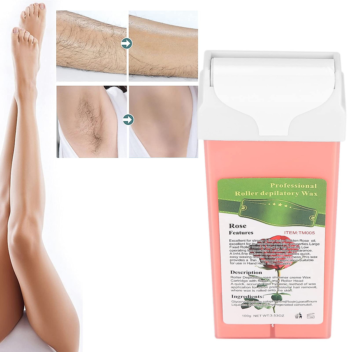 Roll-on Wax Cartridge Body Leg Chest Arm Bikini Armpit Hair Removal Wax Men Women Roller Depilatory Wax for Professional Salons and Home Self Waxing (100g)(Rose)