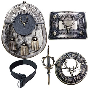 Kilt Belt with Buckle Scottish Kilts Sporran with Badge Style Stag Head/Kilt Pin/Fly Plaid Brooch 5 piece Set (Large)