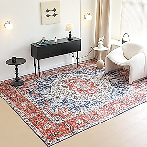 VK Living Washable Rug, 9'x12' Stain Resistant Washable Rug,Machine Washable Rug with Non-Slip,Vintage Bohemian Area Rug for Living Room Bedroom Dining Home Office Area Rug (Red, 9'x12')