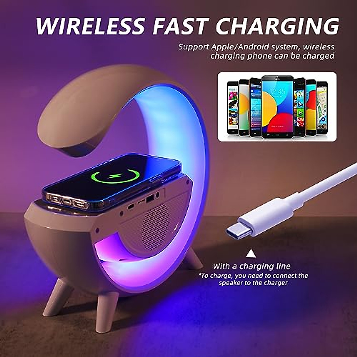 Alexsix Wireless Charger Atmosphere Lamp, 2023 New Wireless G Speaker Charger with Desk Lamp Bedside Night Light Smart Light Sound Machine Charging Lamp for Bedroom Home Decor