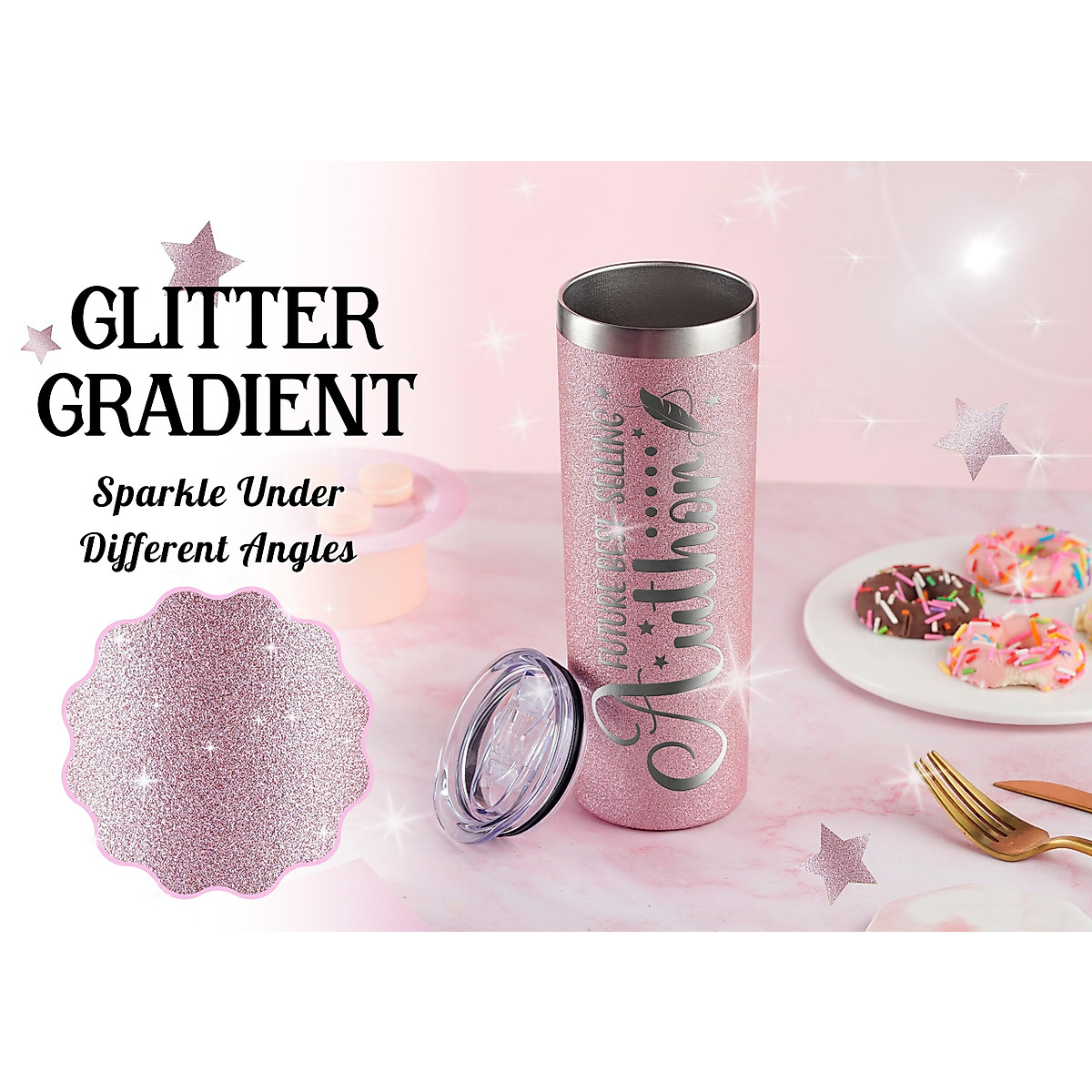 Onebttl Writer Gifts for Women - Future Author - 20oz/590ml Glitter Stainless Steel Insulated Tumbler with Straw - Graduation/Birthday/Christmas Gift for Writers, Novelist - Glitter Pink