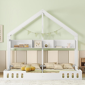 Harper & Bright Designs Twin House Bed for 2 Kids,Wood Double Twin Platform Beds with Rails, Montessori Floor Bed,Two Shared Beds with Shelves and Guardrail,Creamy White