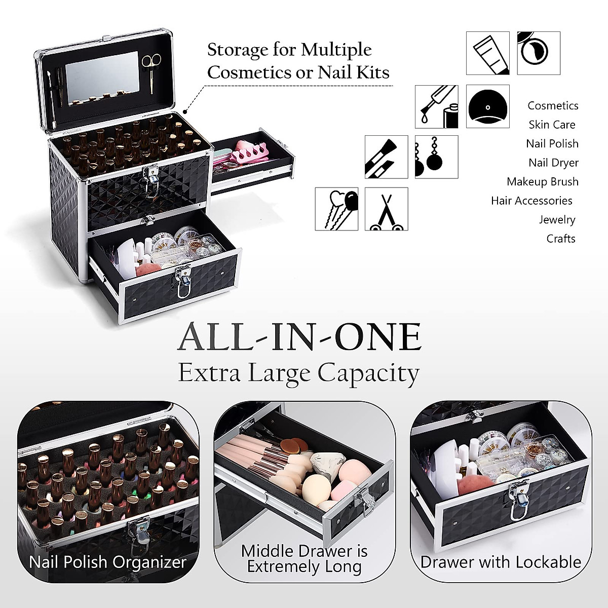 Frenessa Nail Polish Makeup Train Case with Drawer and Dividers Manicure Organizer Accessory Storage Makeup Box With Mirror Lockable Keys Nail Kit Organizer Cosmetic Case Jewelry Box - Black