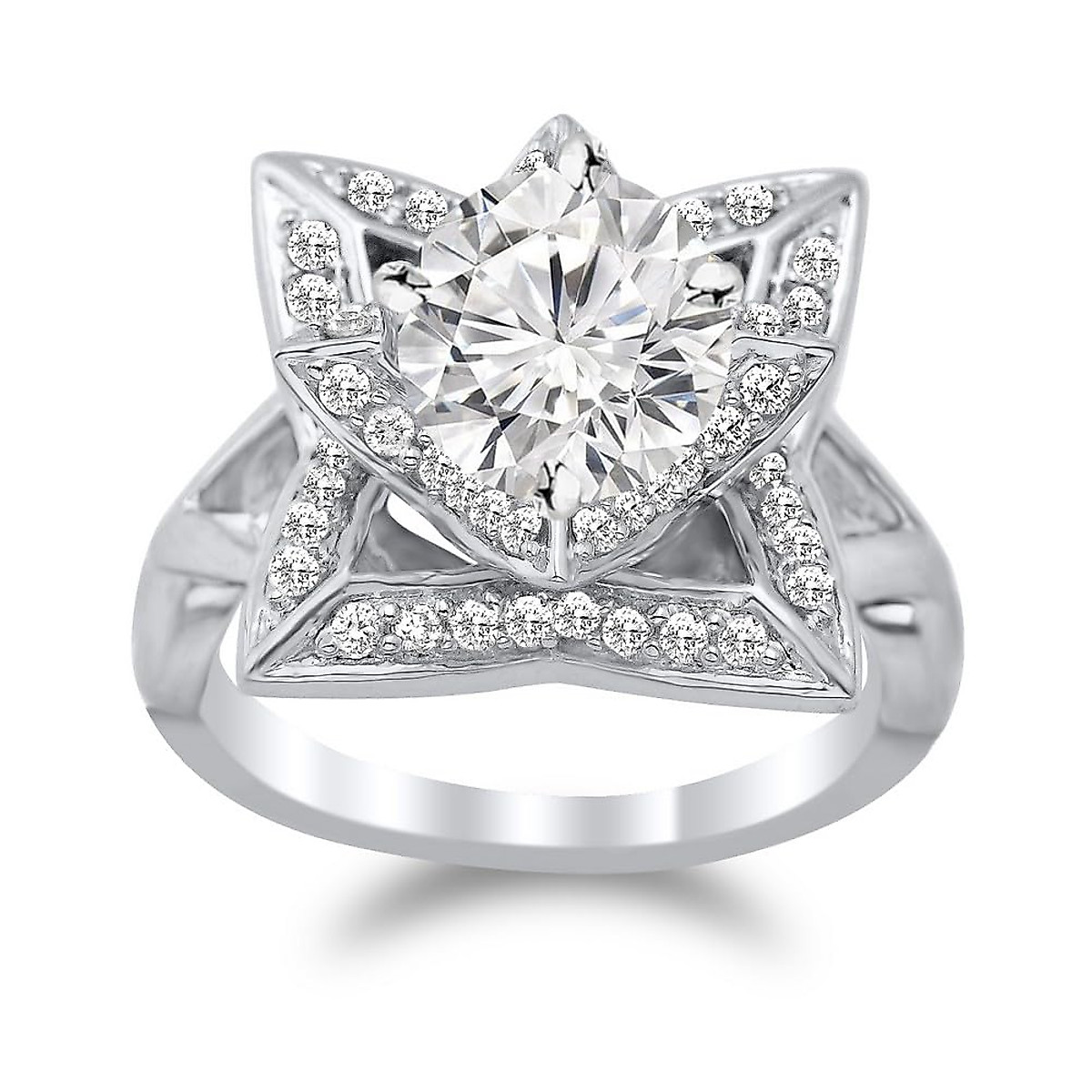 1 Carat t.w. 14K White Gold Lotus Flower Diamond Engagement Ring with a 0.5 Ct Forever Brilliant Round Moissanite Center