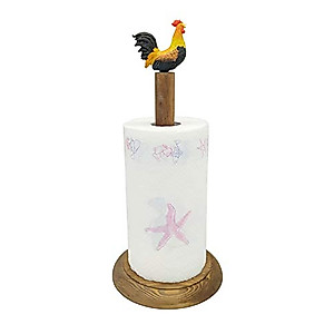 Rooster Design Rustic Brown Wood Paper Towel Holder Stand Up Paper Towel Holder, Easy One-Handed Tear Kitchen Paper Towel Dispenser with Weighted Base for Standard Paper Towel Rolls