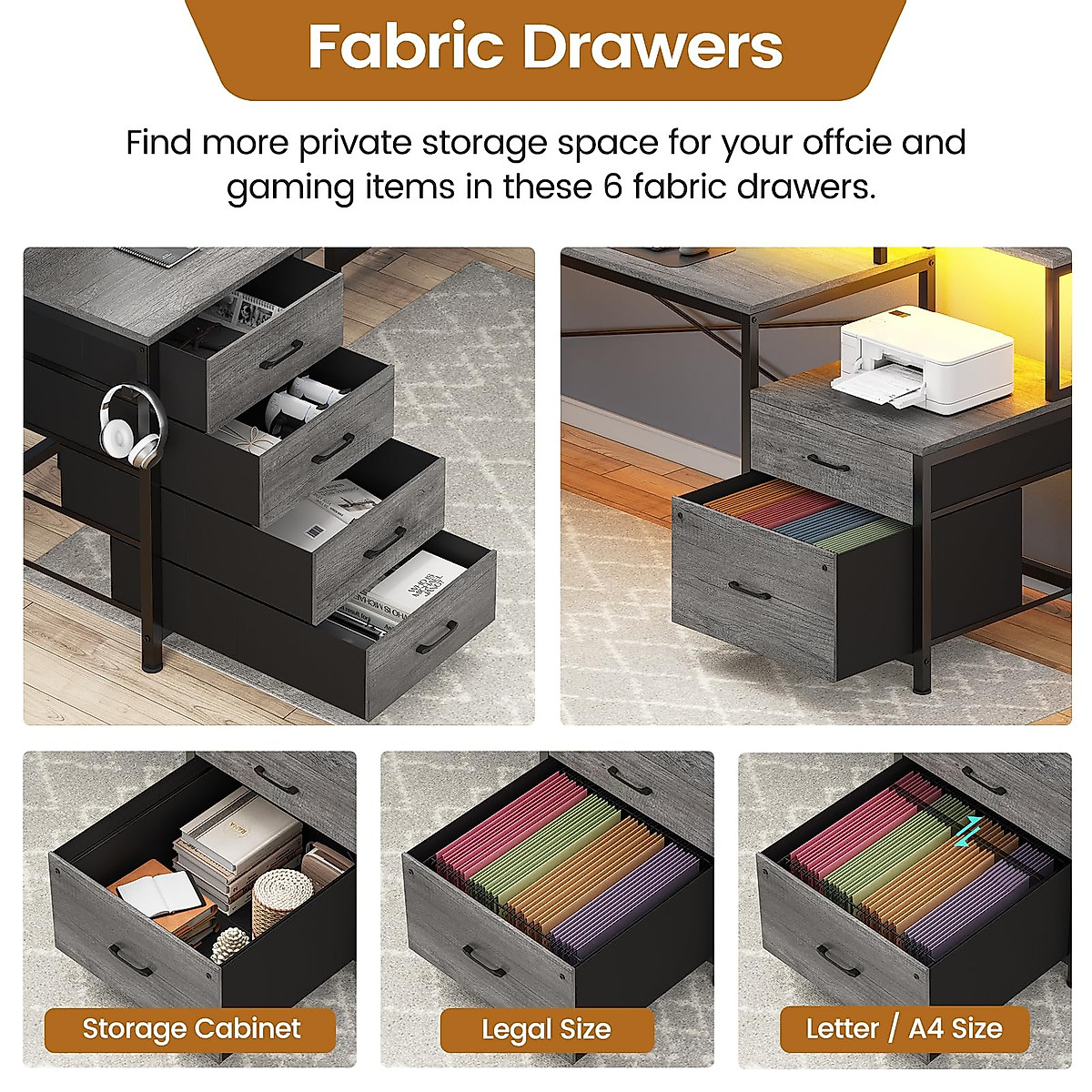 SEDETA L Shaped Desk with 6 Drawer, 108" Home Office Desk with File Drawer & Power Outlet, Corner Computer Desk with Monitor Shelf, Two Person Desk, Gaming Desk with Led Lights, Grey