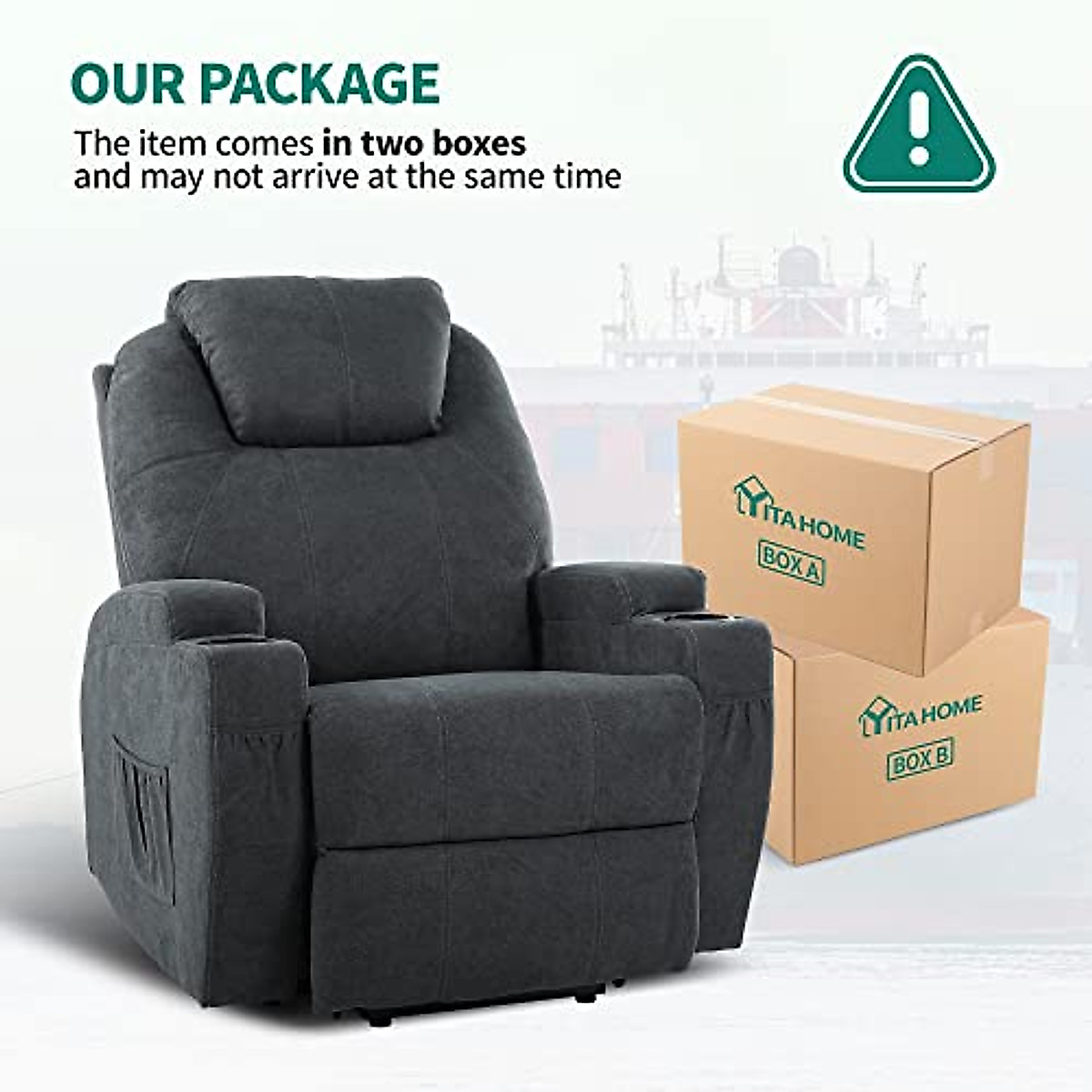 YITAHOME Power Lift Recliner Chair for Elderly, Electric Lift Chair with Heat and Massage, Fabirc Recliner Sofa with 2 Cup Holders, Side Pockets & Remote Control for Living Room,Grey