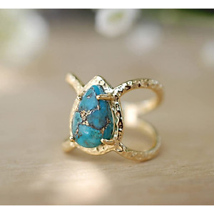 Awmnjtmgpw 18K Gold Inlaid Teardrop pear Shaped Turquoise Ring Size 6-10 (Size 8)