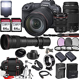 Canon EOS R5 Mirrorless Camera w/RF 24-105mm f/4 L IS USM Lens + EF 75-300mm f/4-5.6 III Lens + 420-800mm f/8.3 HD Telephoto Lens + 2X 64GB Memory + Hood + Case + Filters + Tripod + More (35pc Bundle)