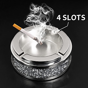Ashtray, Cool Ashtrays for Cigarettes Outdoor, Cute Glass Ash Tray for Weed, Crushed Diamond Home Decor, Bling Crystal Ashtray for Smokers Indoor Use, 4"L x 4"W x 1.57"H, Silver