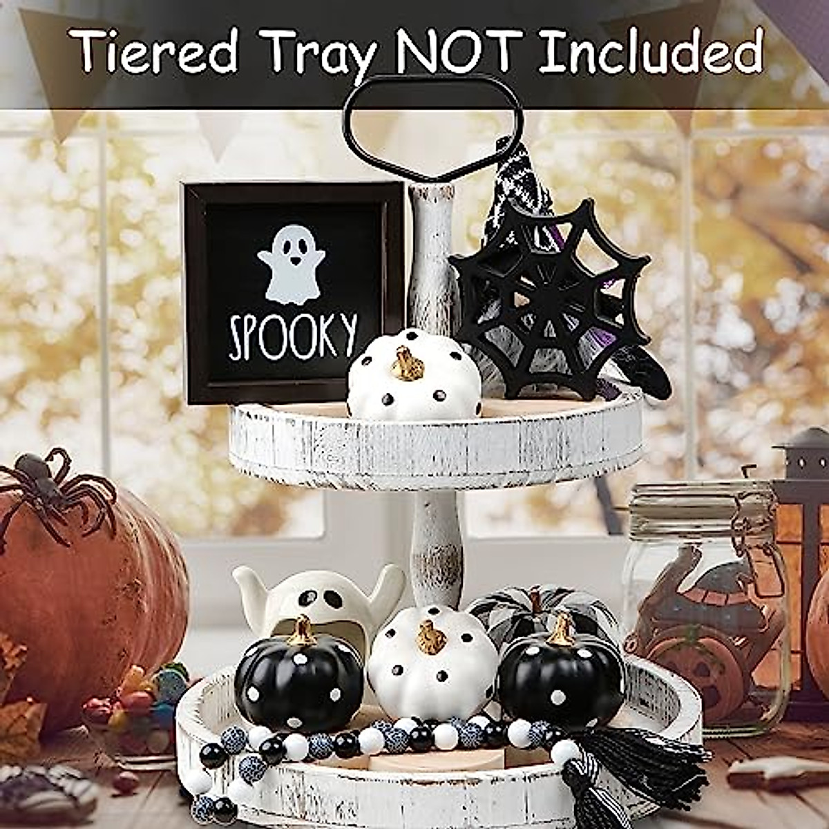 Halloween Decorations Indoor 7PCS - 2 Wooden Signs, 4 Artificial Pumpkins & Bead Garland-Farmhouse Tiered Tray Decor for Spooky Halloween