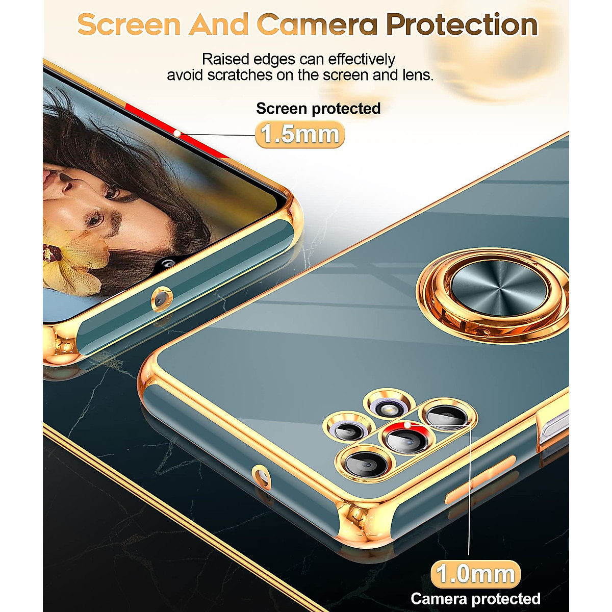 LeYi for Samsung Galaxy A32 5G Case with Tempered Glass Screen Protector [2 Pack] 360° Rotatable Ring Holder Magnetic Kickstand, Plating Rose Gold Edge Protective Case, Grey