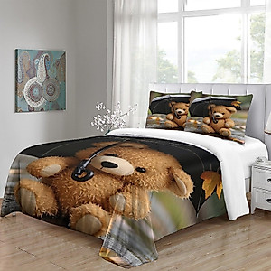 SorEci Teddy Bear Duvet Cover Pillow Sham 3D Black Umbrella Pattern Comforter Covers Bed Set for Kids Teen Adult Bedroom Decorations with 2 Pillow Shams Twin（173x218cm）, Style-8