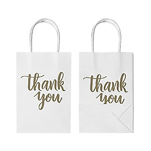 DjinnGlory 50 Pack Small White Thank You Paper Gift Bags with Handles and 24 Sheets Tissue Paper for Small Business, Shopping, Wedding, Baby Shower, Party Favors (Small 9''x5.5''x3.15'', White)