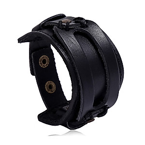 Nsitbbuery Hip Hop Snap Wristband Wide Leather Cuff Bracelet,7.5" Small Wrist(Black)