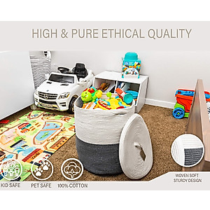 Mevyucr Large Laundry Basket with Lid, Tall Laundry Hamper with Lid, Woven Storage Basket Decorative Cotton Basket for Blankets Clothes Toys Pillows Towels Baby Nursery Bathroom Living Room Kitchen