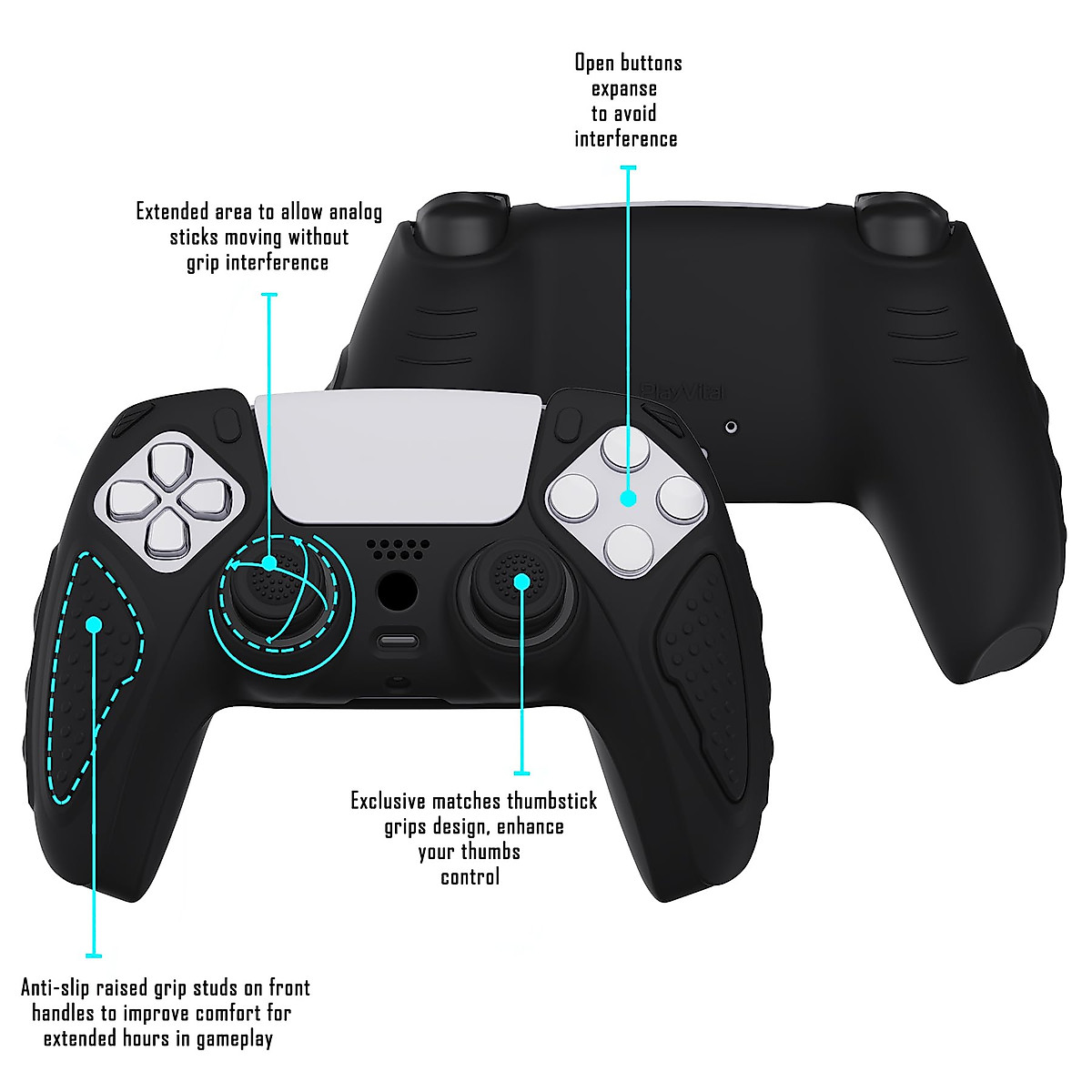 PlayVital Black Knight Edition Anti-Slip Silicone Cover Skin for ps5 Controller, Soft Rubber Case for ps5 Wireless Controller with Black Thumb Grip Caps