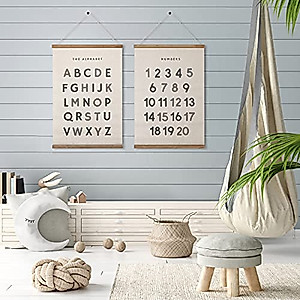 Bon et Beau 16 x 24 Inch Embroidered Alphabet Poster Framed with Wood Hanger - Neutral Gray Wall Decor for Boys Nursery, Bedroom, Playroom, Toddler and Kids Room