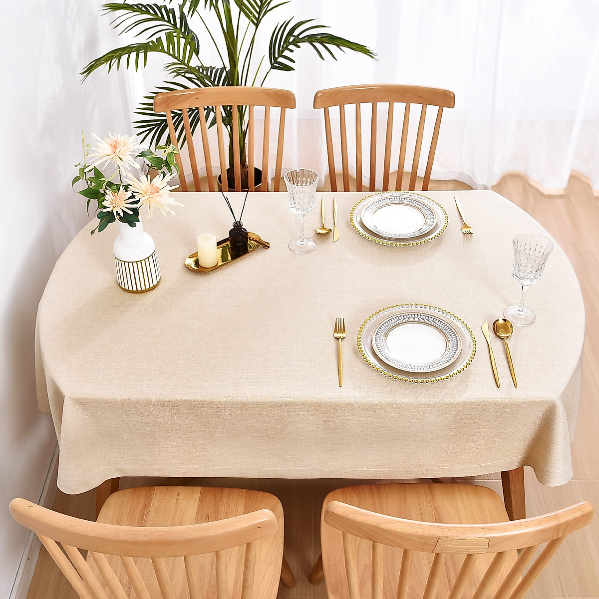 Wolkemer Faux Linen Oval Tablecloth Heavy Duty Wrinkle Resistant Fabric Table Cloths 60 x 84 Inch Beige Farmhouse Rustic Table Cover for Kitchen Dining Indoor Outdoor Tabletop Decoration