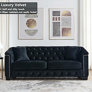 Sybrioka 77" Modern Chesterfield Velvet Sofa,3-Seater Sofa,Upholstered Tufted Backrests with Nailhead Arms and 2 Cushions for Living Room, Bedroom, Apartment, Office (77" 3-Seat Sofa, Black)