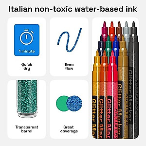 Glitter Paint Pens for Rock Painting, Stone, Ceramic, Glass, Wood, Fabric, Scrapbooking, DIY Craft Making, Art Supplies, Card Making, Coloring. Set of 12 Acrylic Glitter Markers Extra-Fine Tip 0.7mm