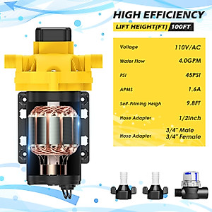 YOMILINK Fully Self-priming Water Pump, 110V 4.0 GPM 45 PSI, Automatic On-Demand Diaphragm Pump, for Kitchen, Bathroom RV, Marine Yacht, Lawn Garden, House, Fish Tanks, Small Fountains, Rain Barrels