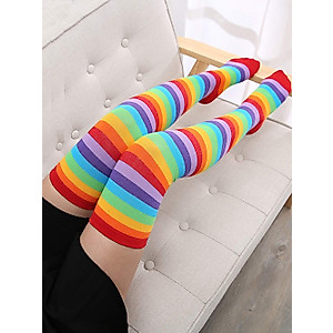 YELAIVP Girl's Stripe Rainbow Thigh High Socks Cosplay Over Knee Stockings Gloves Set Arm Leg Warmers for Women