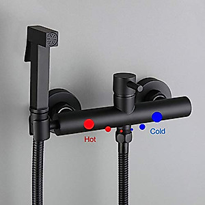 MINJING Hand Held Bidet Warm Water, Soild Brass Bidet Sprayer for Toilet, Wall Mounted Bidet Faucet Black, Hot and Cold Water Mixer Tap, Cloth Diaper Toilet Sprayer,8.5cm
