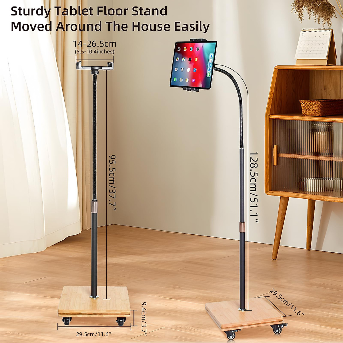 Crocqett Ipad Stand Floor with Wheels,Adjustable Height Tablet Floor Stand for Bed,Gooseneck Tablet Holder with Bamboo Base,Compatible with Kindle,Ipad pro Mini 12.9/6,Phones (4.7''-13'')